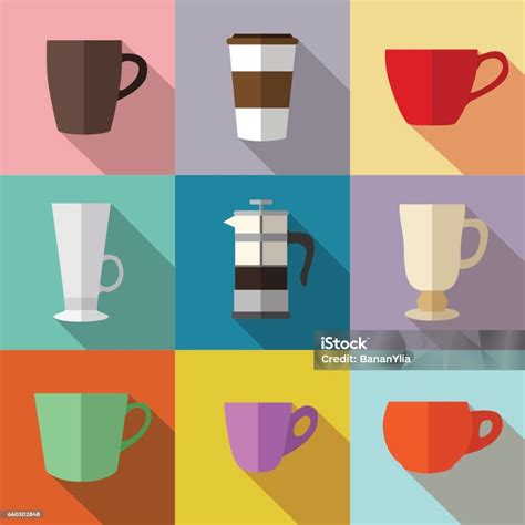 간단한 다채로운 커피 컵의 설정 하 고 프랑스어 보도 플랫 아이콘 O 커피잔에 대한 스톡 벡터 아트 및 기타 이미지 커피잔 개체 그룹 고풍스런 Istock