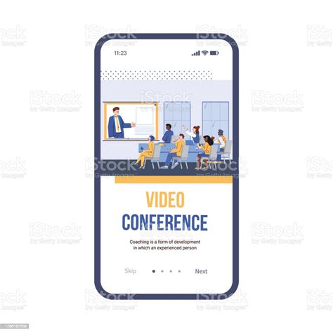 화상 회의 응용 프로그램 모바일 온보딩 페이지 평면 벡터 일러스트레이션 Brand Name Online Messaging