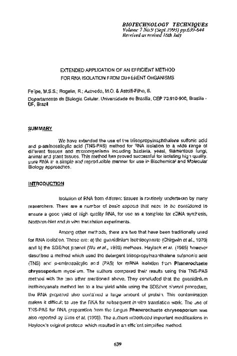 Pdf Extended Application Of An Efficient Method For Rna Isolation From Different Organisms