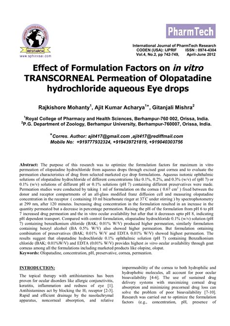 Pdf Effect Of Formulation Factors On In Vitro Transcorneal Permeation Of Olopatadine