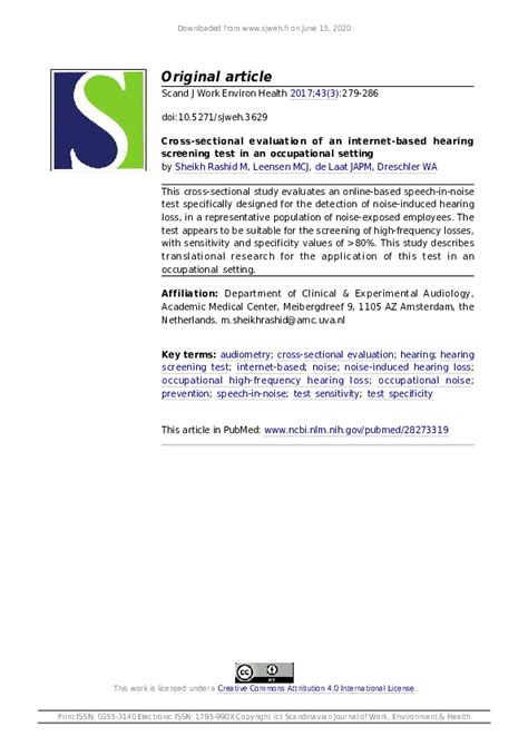 Pdf Cross Sectional Evaluation Of An Internet Based Hearing Screening Test In An Occupational