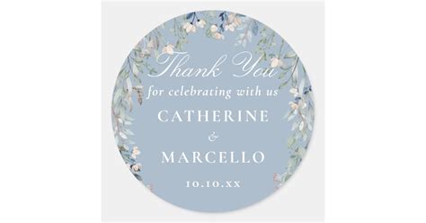 Dusty Blue Floral Wedding Favor Thank You Classic Round Sticker Zazzle
