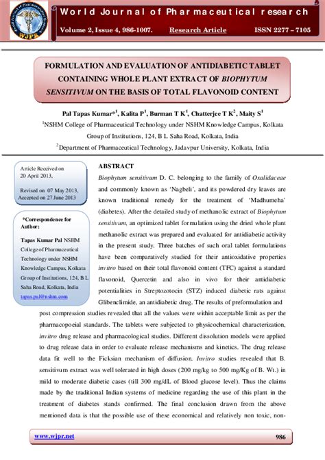 Pdf Formulation And Evaluation Of Antidiabetic Tablet Containing Whole Plant Extract Of