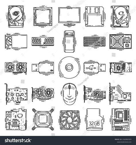 Computer Hardware Hand Drawn Set Icon Stock Vector Royalty Free