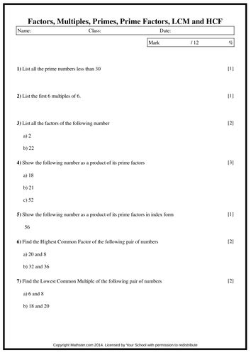 Factors Multiples Primes Prime Factor Hcf Lcm Teaching Resources