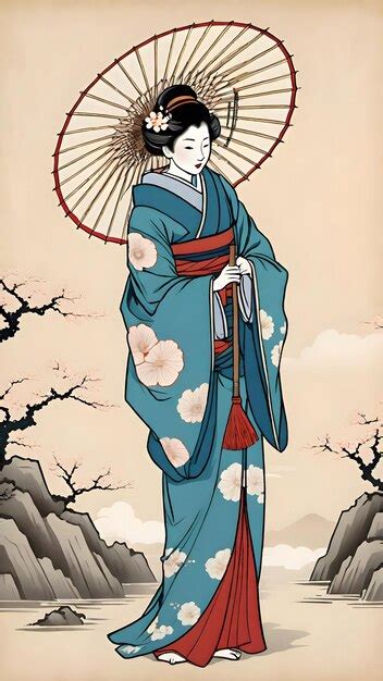 Vector Cartoon Geisha Girl With Fan In Colorful Kimono Dolllike Face