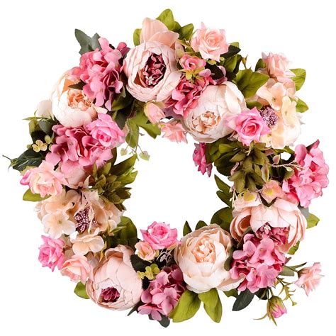 Artificial Peony Flower Wreath 15 Pink Flower Door Wreath With Green Leaves Spring Wreath For