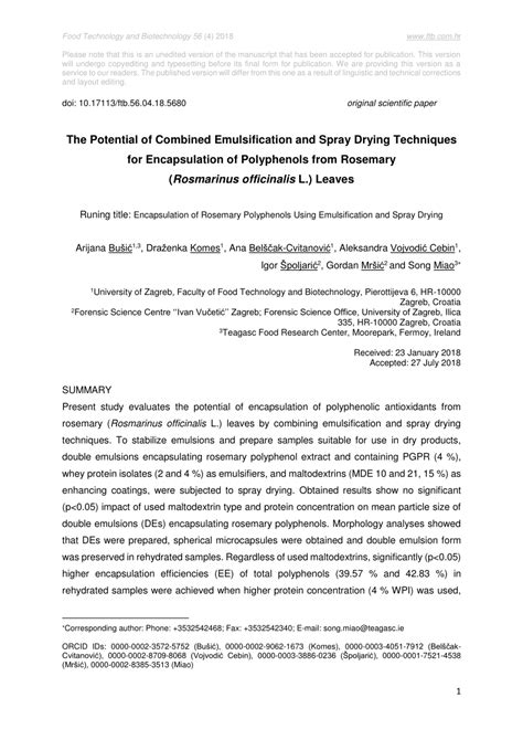 Pdf The Potential Of Combined Emulsification And Spray Drying Techniques For Encapsulation Of