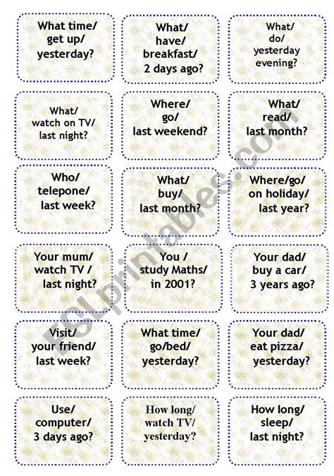 Past Simple Speaking Cards English Esl Worksheets For
