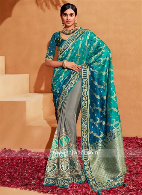 Splendid Peacock Blue Multicolor Silk Saree