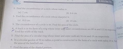 Exercise 15 3 1 Find The Circumference Of A Circle Whose Radius Is A 7