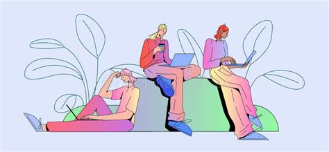 Flat Vector Illustration Of Female Programmers Working As A Team Stock