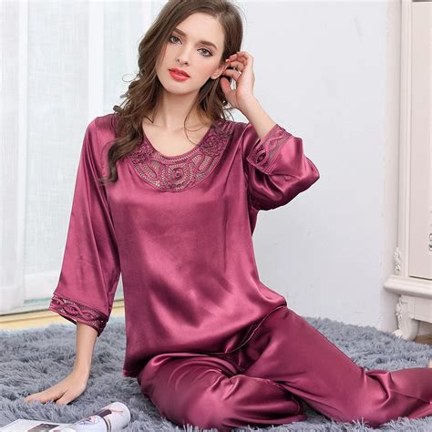 Xxl Womens Silk Pajama Sets Plus Size 2019 New Woman Fashion Brand Solid Color Pink Embroidery