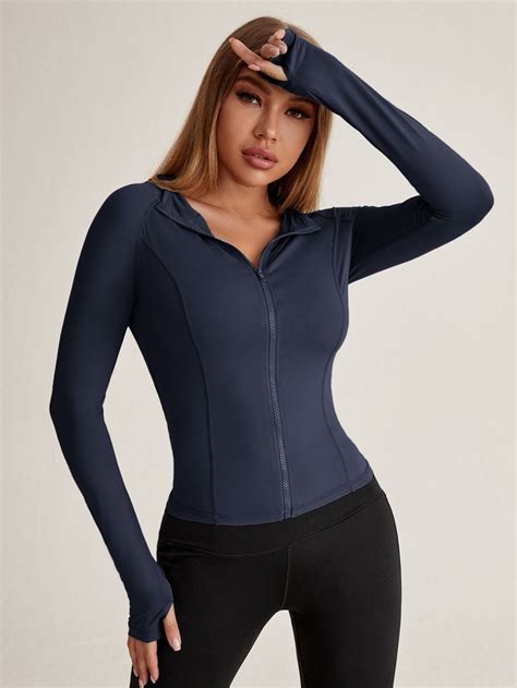 Quick Drying Zip Up Raglan Sleeve Seam Detail Thumb Holes Hooded Sports