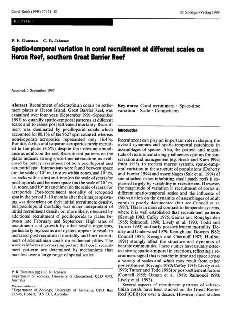 Pdf Spatio Temporal Variation In Coral Recruitment At Different Scales On Heron Reef Southern