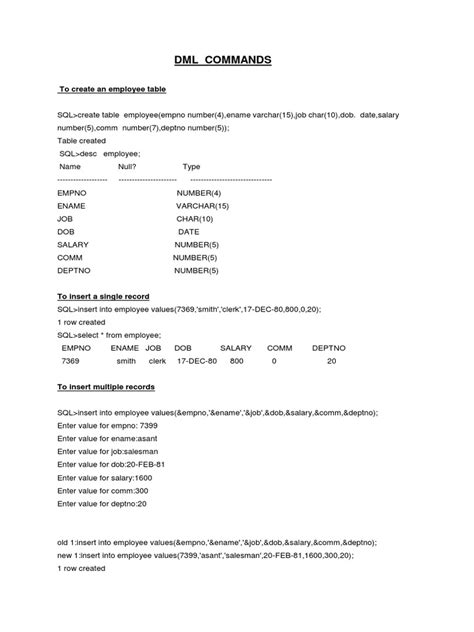 dml commands to create an employee table pdf data management