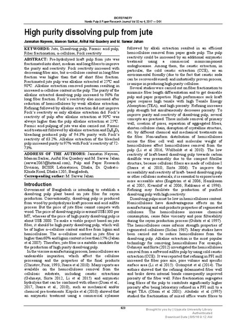 Production Of Dissolving Pulp From Jute Pdf Pulp Paper Cellulose
