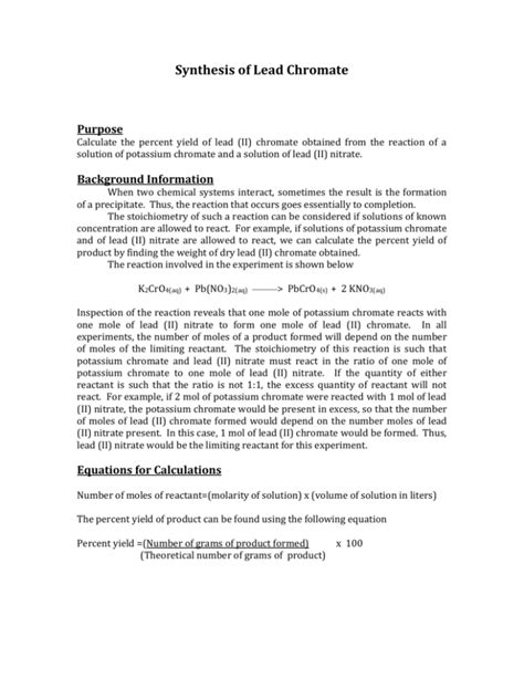 Lead Chromate Synthesis Lab Experiment And Percent Yield