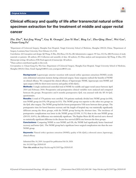 Pdf Clinical Efficacy And Quality Of Life After Transrectal Natural Orifice Specimen