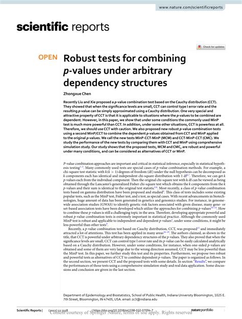 Pdf Robust Tests For Combining P Values Under Arbitrary Dependency Structures