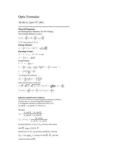 Useful Optics Formulas In Pdf Format