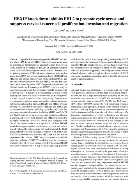 Pdf Hbxip Knockdown Inhibits Fhl2 To Promote Cycle Arrest And