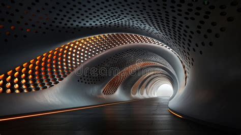 Futuristic Tunnel With Curved Architecture And Dynamic Lighting Stock