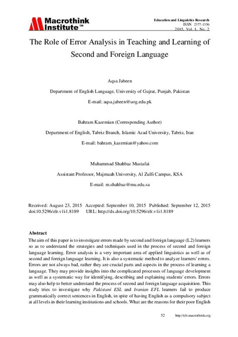 pdf the role of error analysis in teaching and learning of second and