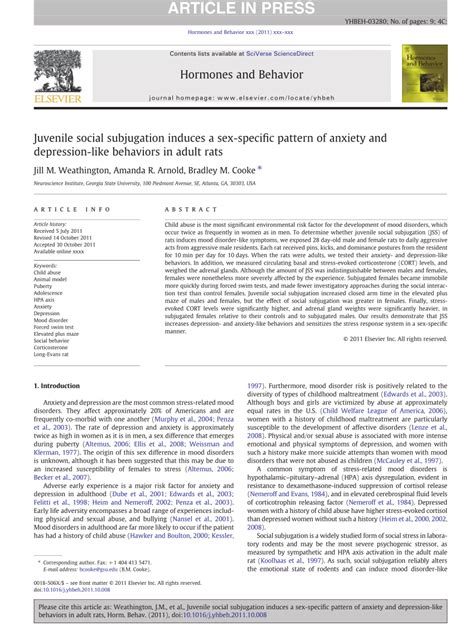 Pdf Juvenile Social Subjugation Induces A Sex Specific Pattern Of