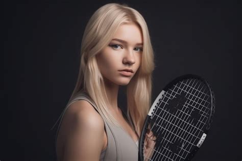 Premium Photo Sexy Blonde Girl With Tennis Racket Poses In The Studio
