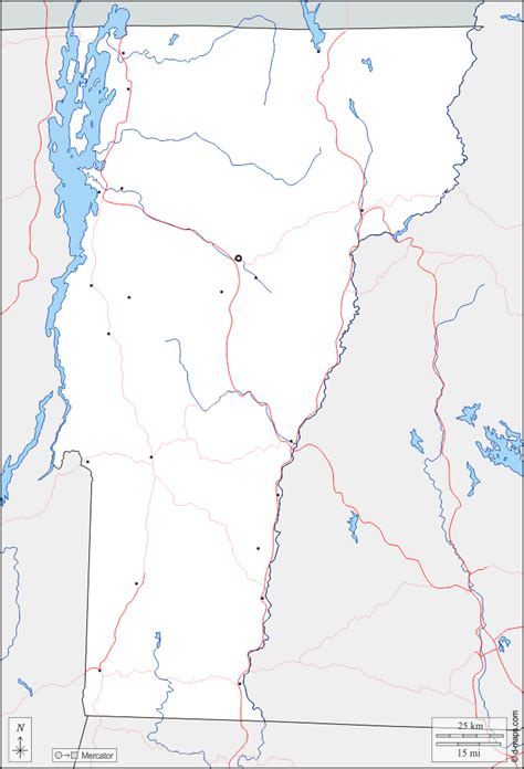 佛蒙特州 免费地图 免费的空白地图 免费的轮廓地图 免费基地地图 边界 水文学 主要城市 道路