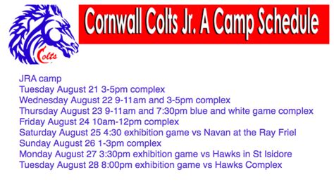 Cornwall Colts Jr A Camp Schedule Cornwall Colts