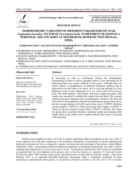 Pdf Morphometric Variation Of Different Parameters Of Snail