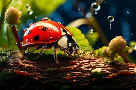 Lady Bug Sitting On Top Of Leaf Covered Ground Generative AI Stock