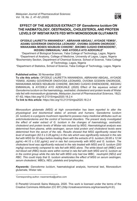 Pdf Effect Of The Aqueous Extract Of Ganoderma Lucidum On The Haematology Oestradiol