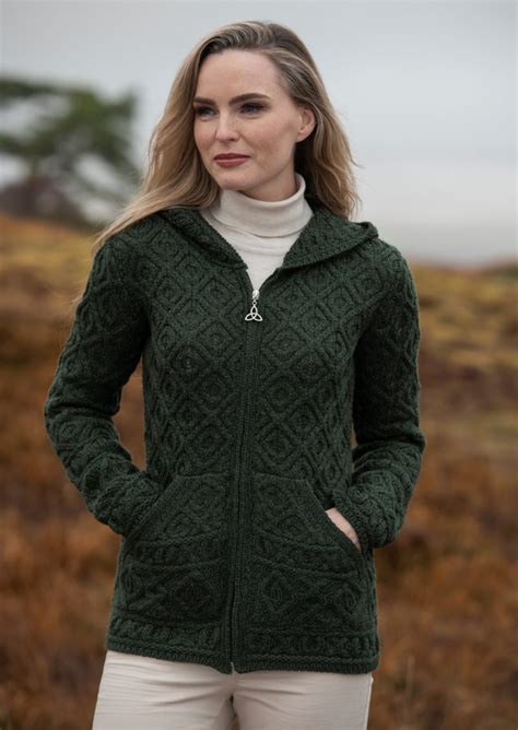 Hooded Honeycomb Cable Knit Cardigan Aran Sweaters Direct
