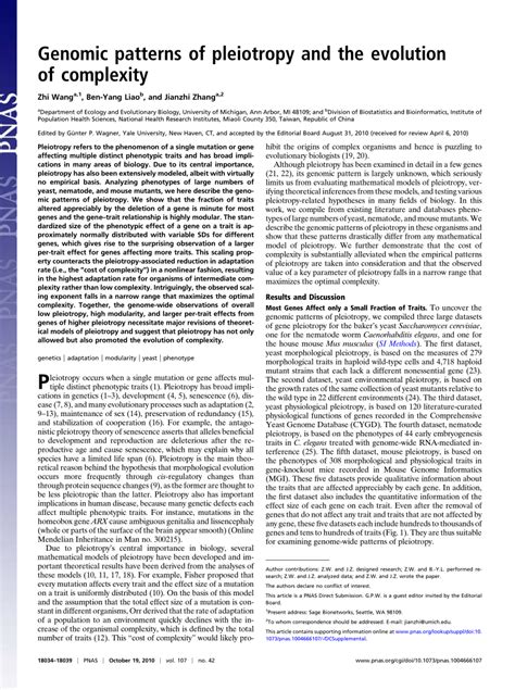 Pdf Genomic Patterns Of Pleiotropy And The Evolution Of Complexity