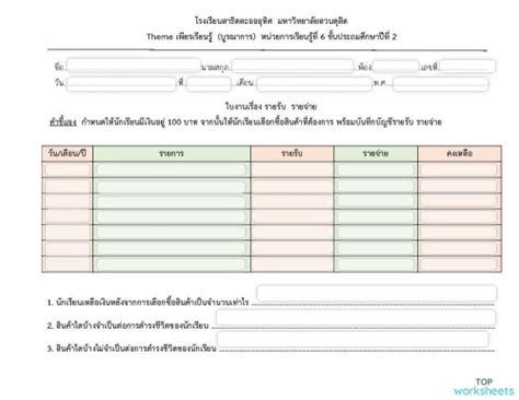รายรับ รายจ่าย ใบงานเชิงโต้ตอบ Topworksheets