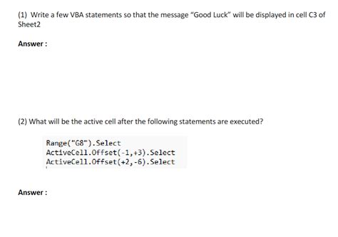 Solved 1 Write A Few VBA Statements So That The Message Chegg