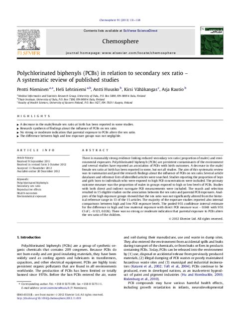 Polychlorinated Biphenyls Pcbs In Relation To Secondary Sex Ratio A