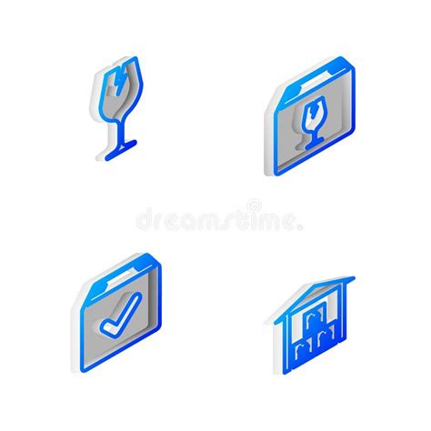 Set Isometric Line Delivery Box With Fragile Content Fragile Broken Glass Package Check Mark