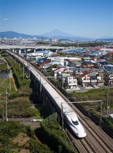 Bullet Train Tokaido Shinkansen With View Of Mountain Fuji Stock Image