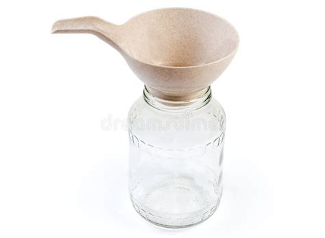 Plastic Kitchen Funnel On The Glass Jar On White Background Stock Image