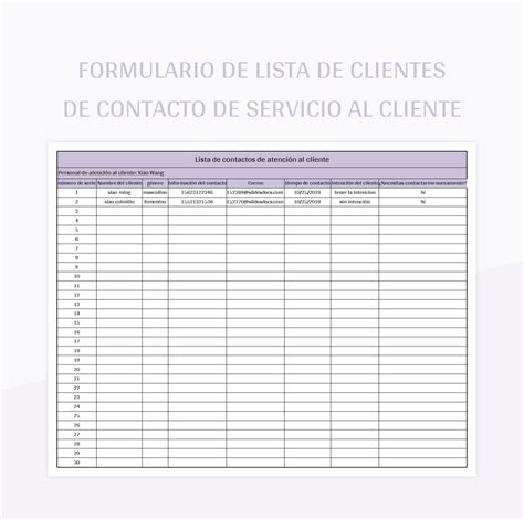 Plantilla De Excel Tabla De Lista De Clientes De Contacto De Servicio