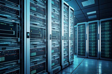 Shot Of Data Center With Multiple Rows Of Fully Operational Server Racks Generative Ai Stock
