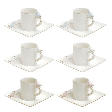 Jogo 6 xícaras 80ml para café de porcelana colorida pires quadrado
