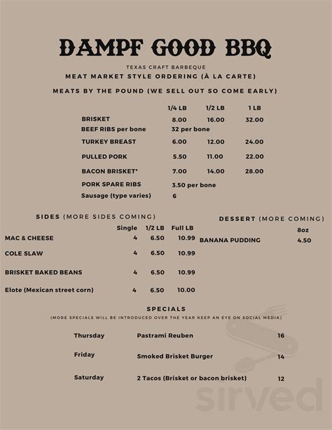 Dampf Good Bbq Menu In Cary North Carolina Usa