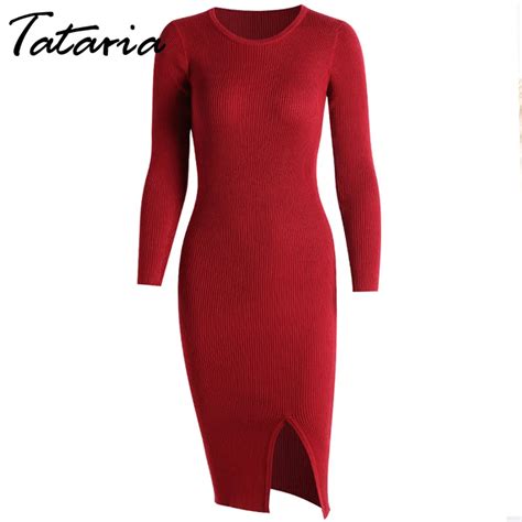 Slim Elastic Knitting Dresses Long Sleeve Slim Women Sweater Elegant