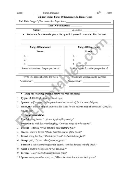 William Blake The Tyger Commentary And Analysis Esl Worksheet By