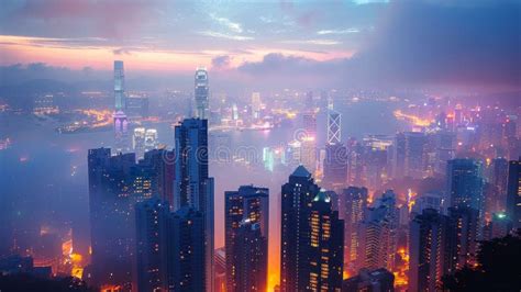 Hong Kong Skyline At Sunset With Fog And City Lights Stock Image